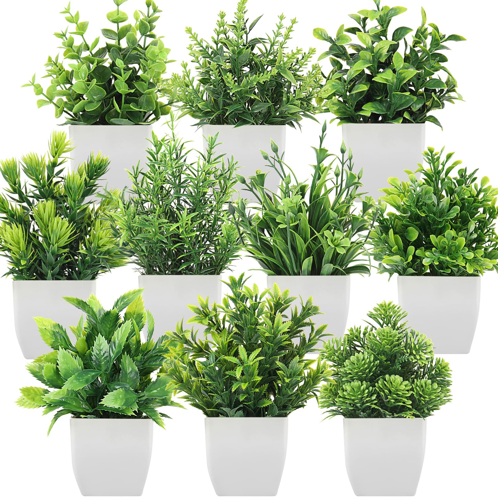 Mini Artificial Plants Fake Potted Plants, 10 pcs Small Eucalyptus Potted Faux Decorative Grass Plant with Black Pot for Home Decor, Indoor, Office, Desk, Table Decoration