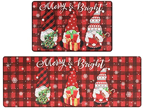 Pauwer Christmas Gnome Kitchen Rugs Set of 2, Farmhouse Red Buffalo Plaid Kitchen Floor Mat, Non Slip Anti Fatigue Kitchen Mats for Floor, Cushioned Kitchen Rug Set Christmas Winter Holiday Decoration