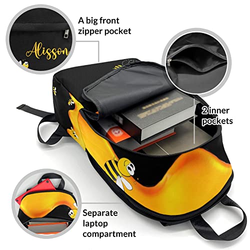 Bumble Bees Honey Drips Black Yellow Personalized Casual Backpack,Custom College School Travel with Name Daypack Laptop 17 Inch for Boys Girs