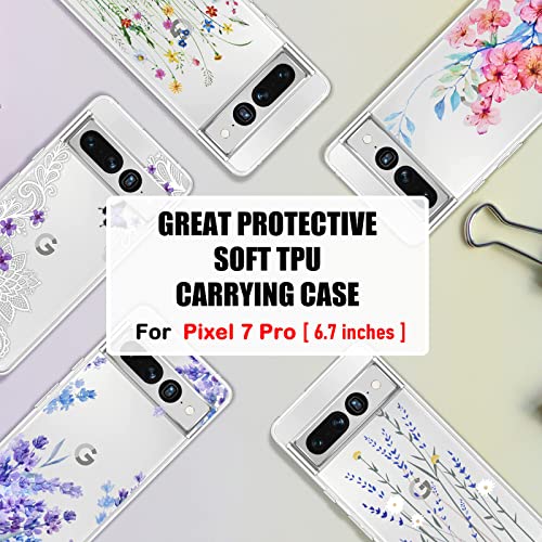 Cute Purple Flower Phone Case for Google Pixel 7 Pro Clear with Lavender Flora Design for Girls Woman, Soft TPU Protective Silicone Slim Case Cover for Google Pixel 7 Pro Lilac