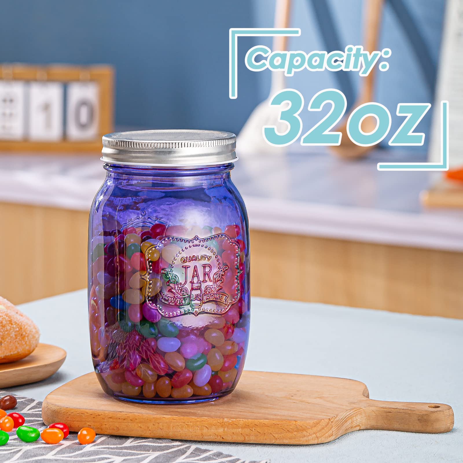 6 Pack Mason Jars, 32 oz Regular-Mouth Glass Storage Jar with Metal Airtight Lids, Modern Design Food Storage Container, Claplant Kitchen Canisters, Food Storage Canister for Canning (BLUE)