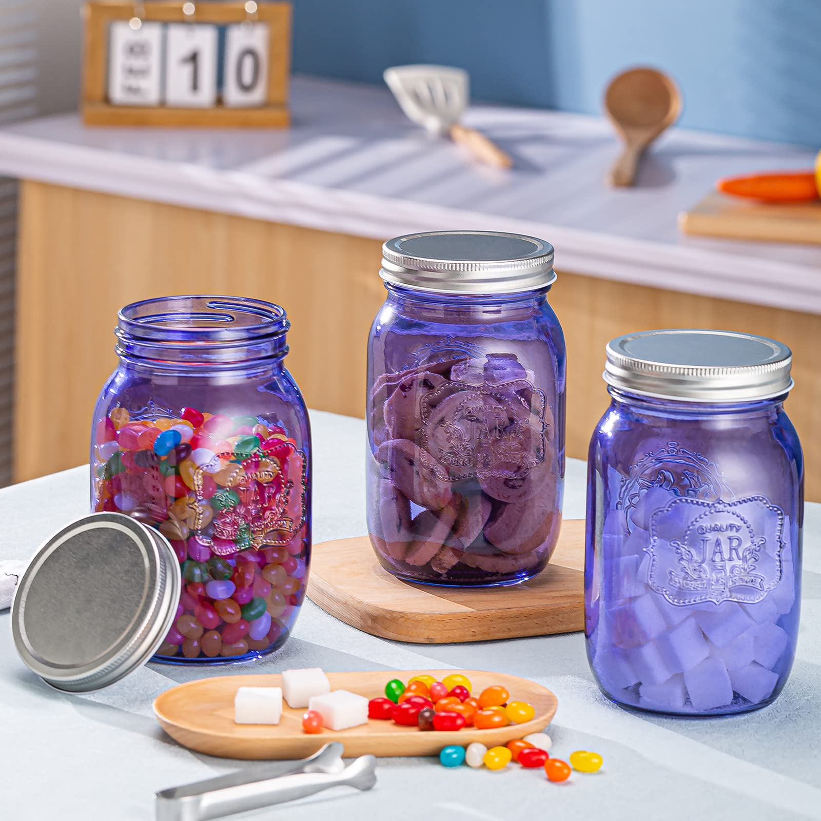 6 Pack Mason Jars, 32 oz Regular-Mouth Glass Storage Jar with Metal Airtight Lids, Modern Design Food Storage Container, Claplant Kitchen Canisters, Food Storage Canister for Canning (BLUE)