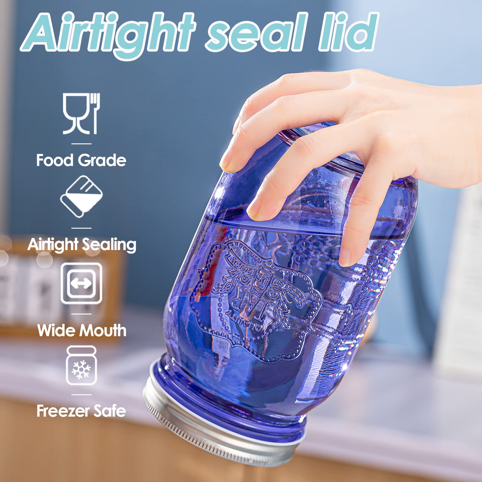 6 Pack Mason Jars, 32 oz Regular-Mouth Glass Storage Jar with Metal Airtight Lids, Modern Design Food Storage Container, Claplant Kitchen Canisters, Food Storage Canister for Canning (BLUE)