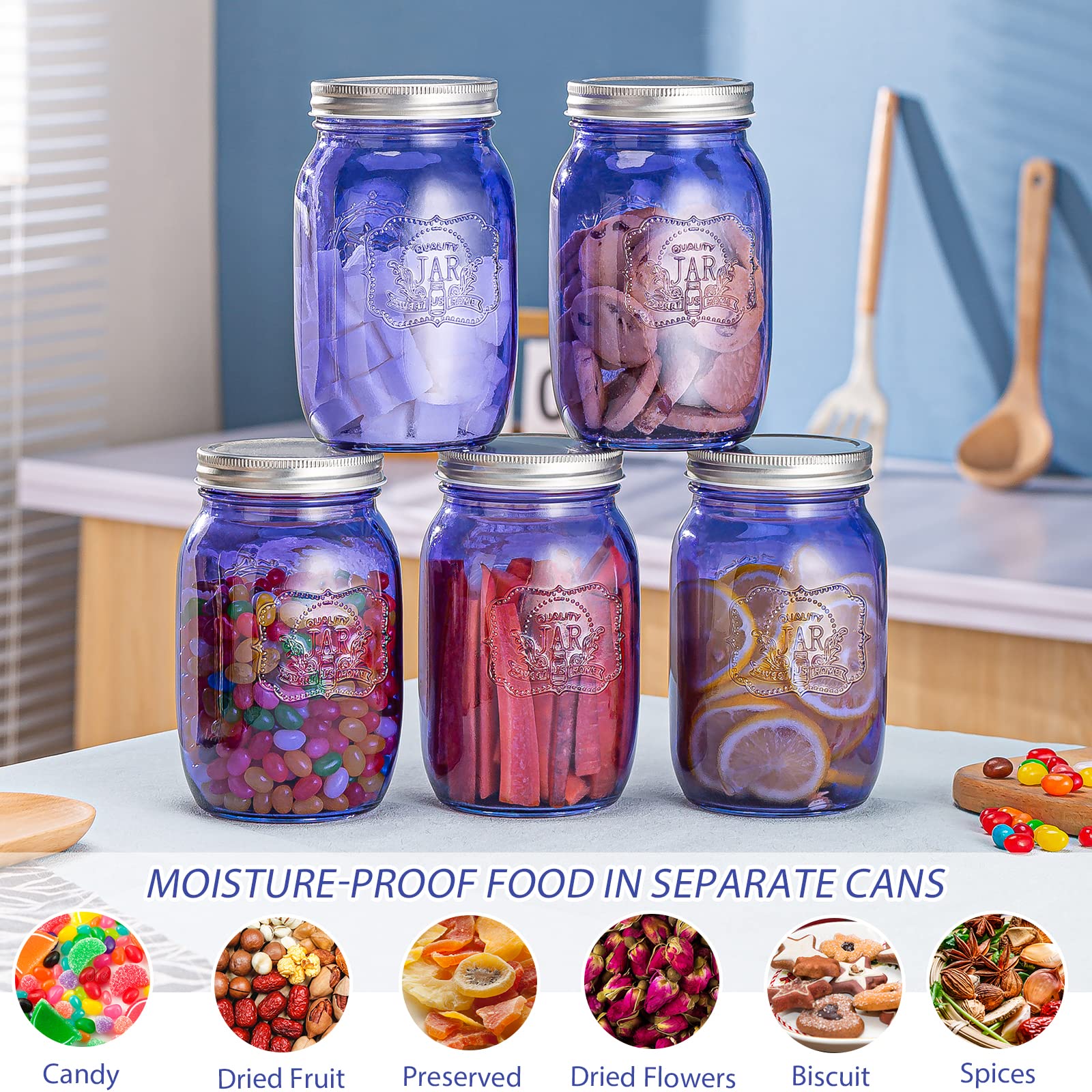 6 Pack Mason Jars, 32 oz Regular-Mouth Glass Storage Jar with Metal Airtight Lids, Modern Design Food Storage Container, Claplant Kitchen Canisters, Food Storage Canister for Canning (BLUE)