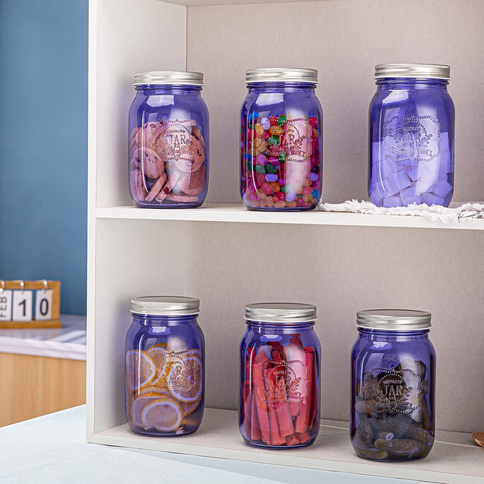 6 Pack Mason Jars, 32 oz Regular-Mouth Glass Storage Jar with Metal Airtight Lids, Modern Design Food Storage Container, Claplant Kitchen Canisters, Food Storage Canister for Canning (BLUE)