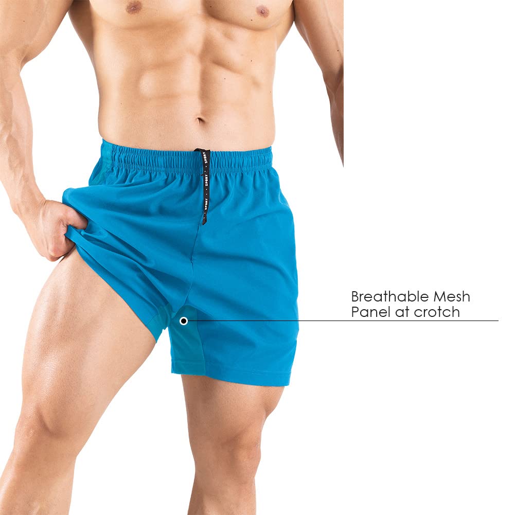 Gaglg Men's 5" Running Shorts 2 Pack Quick Dry Athletic Workout Gym Shorts with Zipper Pockets Light Blue/White,Large
