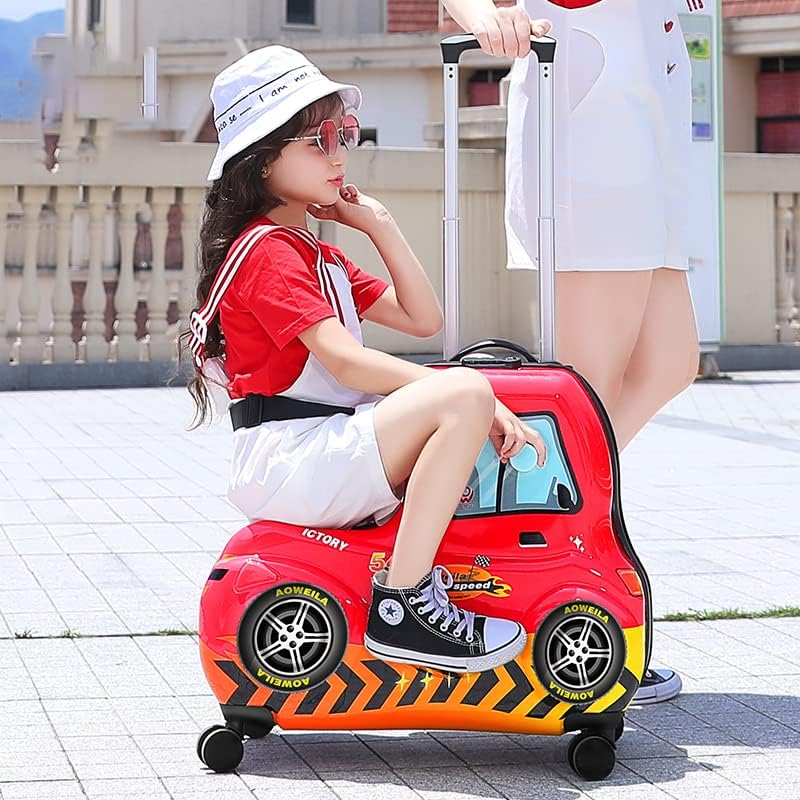 AO WEI LA OW Kids Ride-On Luggage with Wheels Suitcase Fits to Toddler Aged 3-12 Years old (Red Car Checked-Large 25-Inch
