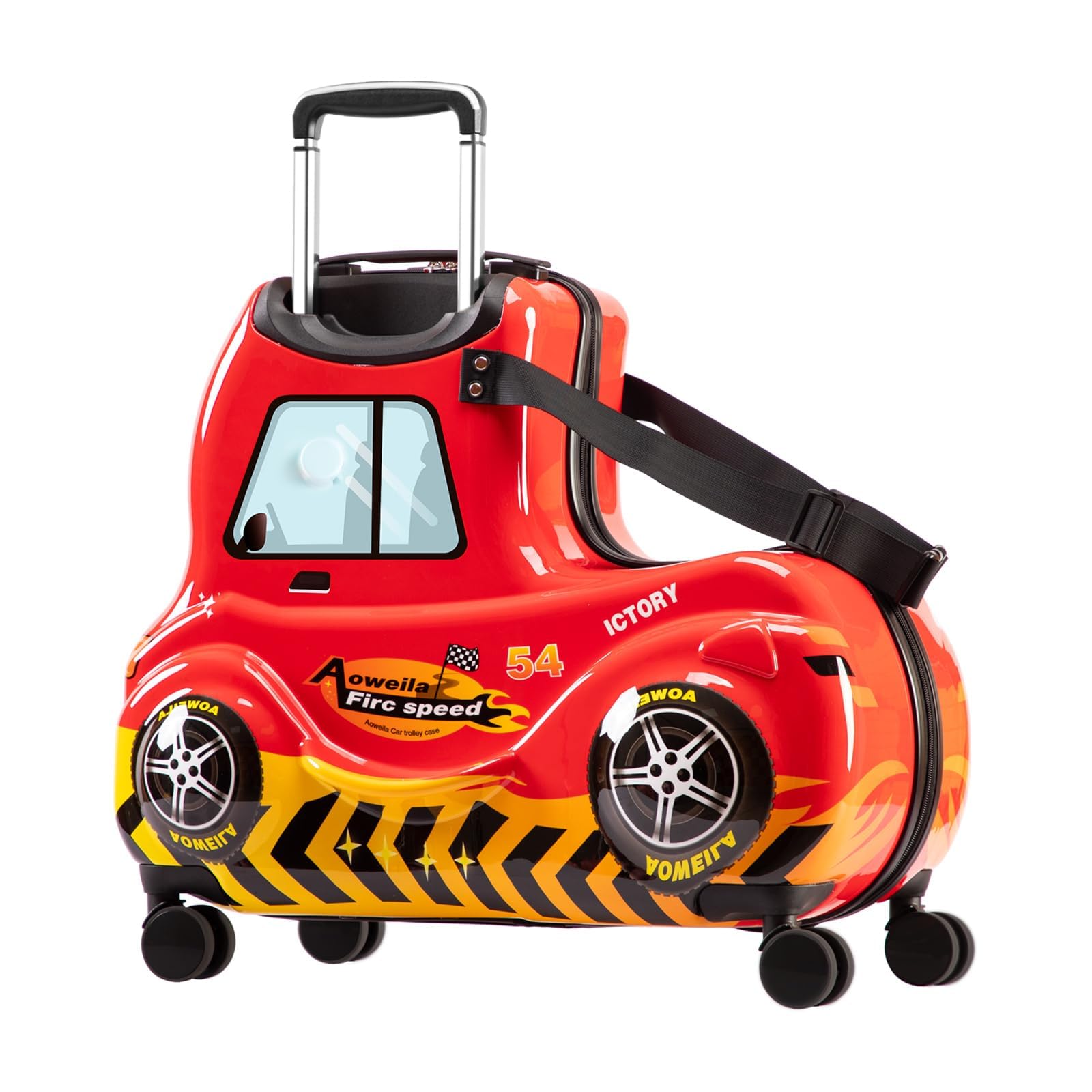 AO WEI LA OW Kids Ride-On Luggage with Wheels Suitcase Fits to Toddler Aged 3-12 Years old (Red Car Checked-Large 25-Inch