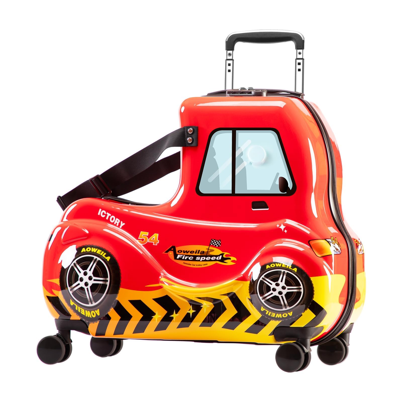 AO WEI LA OW Kids Ride-On Luggage with Wheels Suitcase Fits to Toddler Aged 3-12 Years old (Red Car Checked-Large 25-Inch