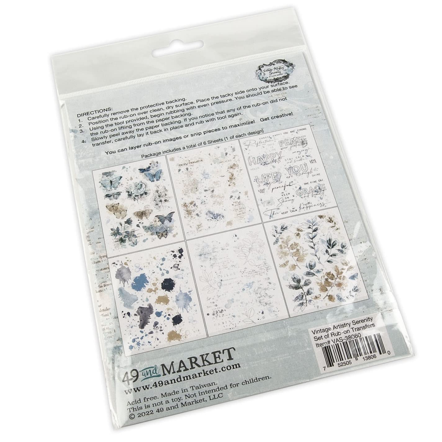 49 AND MARKET Vintage Artistry Serenity Rub-Ons 6"X8" 6/Sheets, Unspecified
