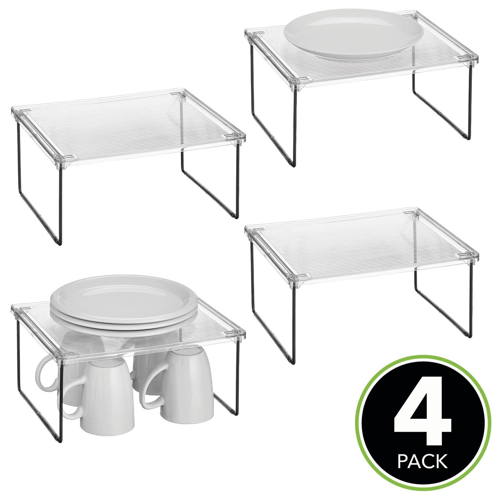 mDesign Metal Stacking Storage Organization for Kitchen Cabinet Shelves in Pantry, Cupboard, Fridge/Freezer - Organizer Stand for Plates, Bowls, Mugs, Ligne Collection, 4 Pack, Clear/Matte Black