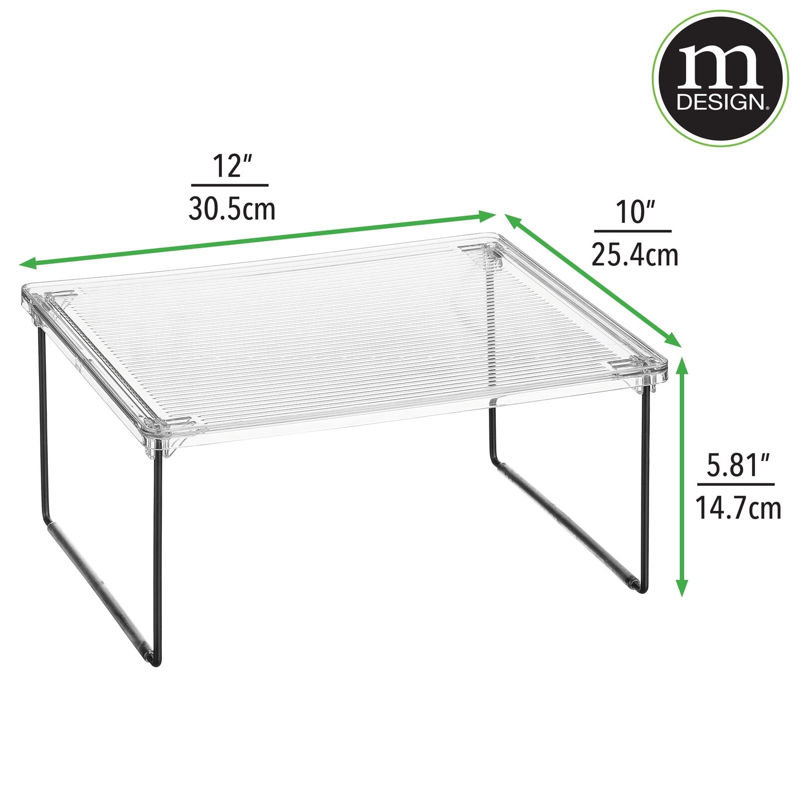 mDesign Metal Stacking Storage Organization for Kitchen Cabinet Shelves in Pantry, Cupboard, Fridge/Freezer - Organizer Stand for Plates, Bowls, Mugs, Ligne Collection, 4 Pack, Clear/Matte Black