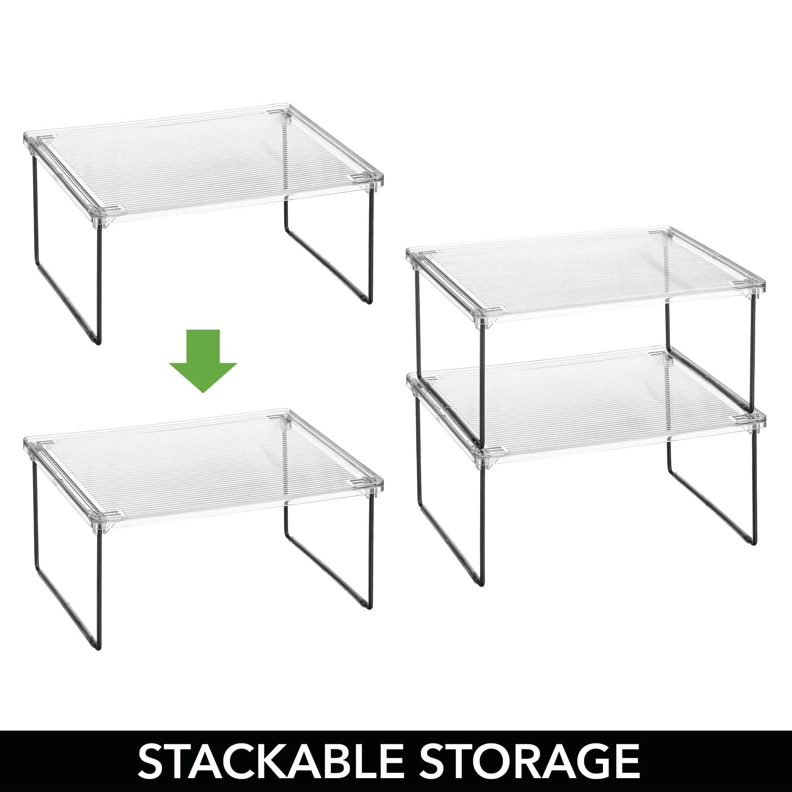 mDesign Metal Stacking Storage Organization for Kitchen Cabinet Shelves in Pantry, Cupboard, Fridge/Freezer - Organizer Stand for Plates, Bowls, Mugs, Ligne Collection, 4 Pack, Clear/Matte Black