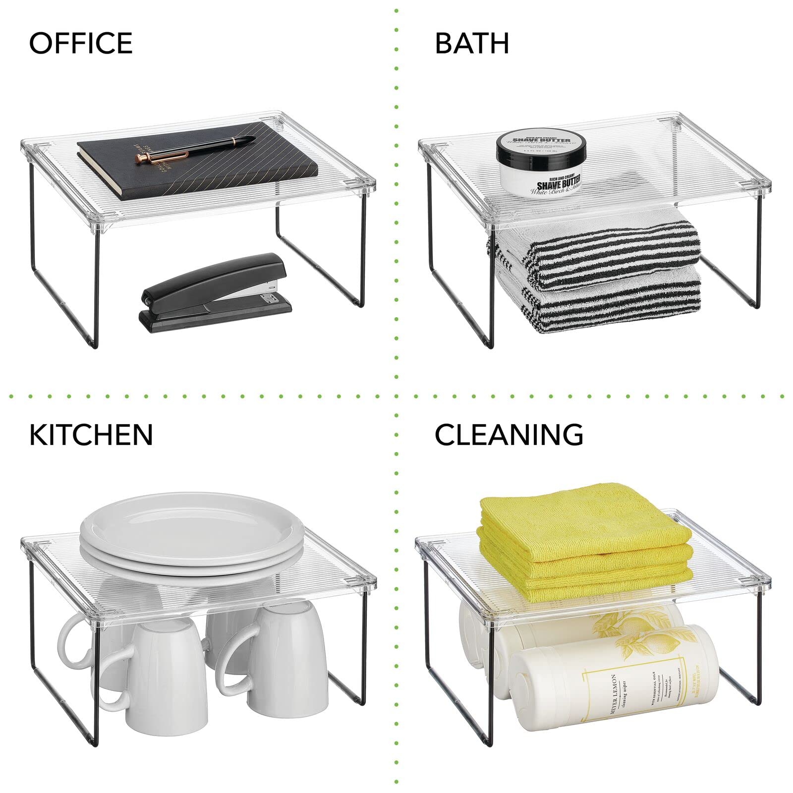 mDesign Metal Stacking Storage Organization for Kitchen Cabinet Shelves in Pantry, Cupboard, Fridge/Freezer - Organizer Stand for Plates, Bowls, Mugs, Ligne Collection, 4 Pack, Clear/Matte Black