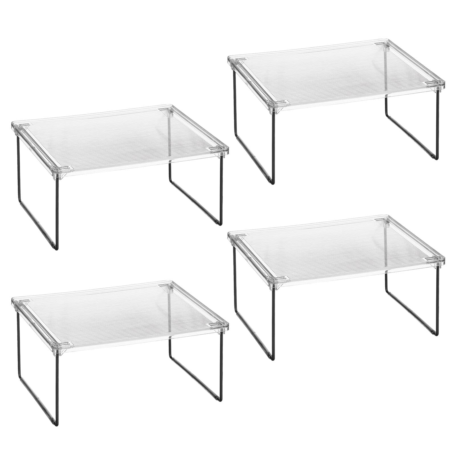 mDesign Metal Stacking Storage Organization for Kitchen Cabinet Shelves in Pantry, Cupboard, Fridge/Freezer - Organizer Stand for Plates, Bowls, Mugs, Ligne Collection, 4 Pack, Clear/Matte Black