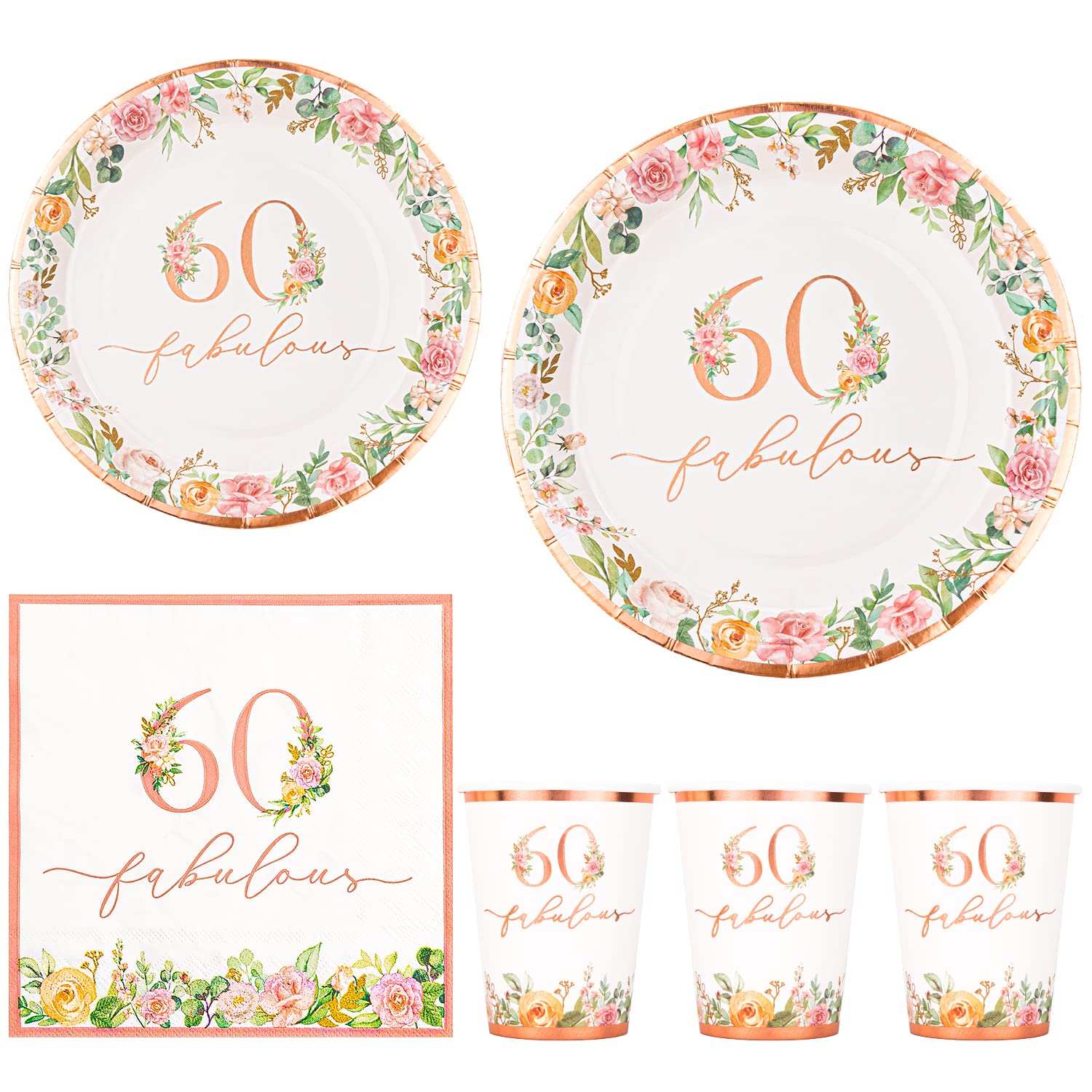 Crisky 60th Birthday Napkins and Plates for Women Rose Gold Floral Party Decoration, 60 and Fabulous Plates and Napkins for Women 60th Birthday.
