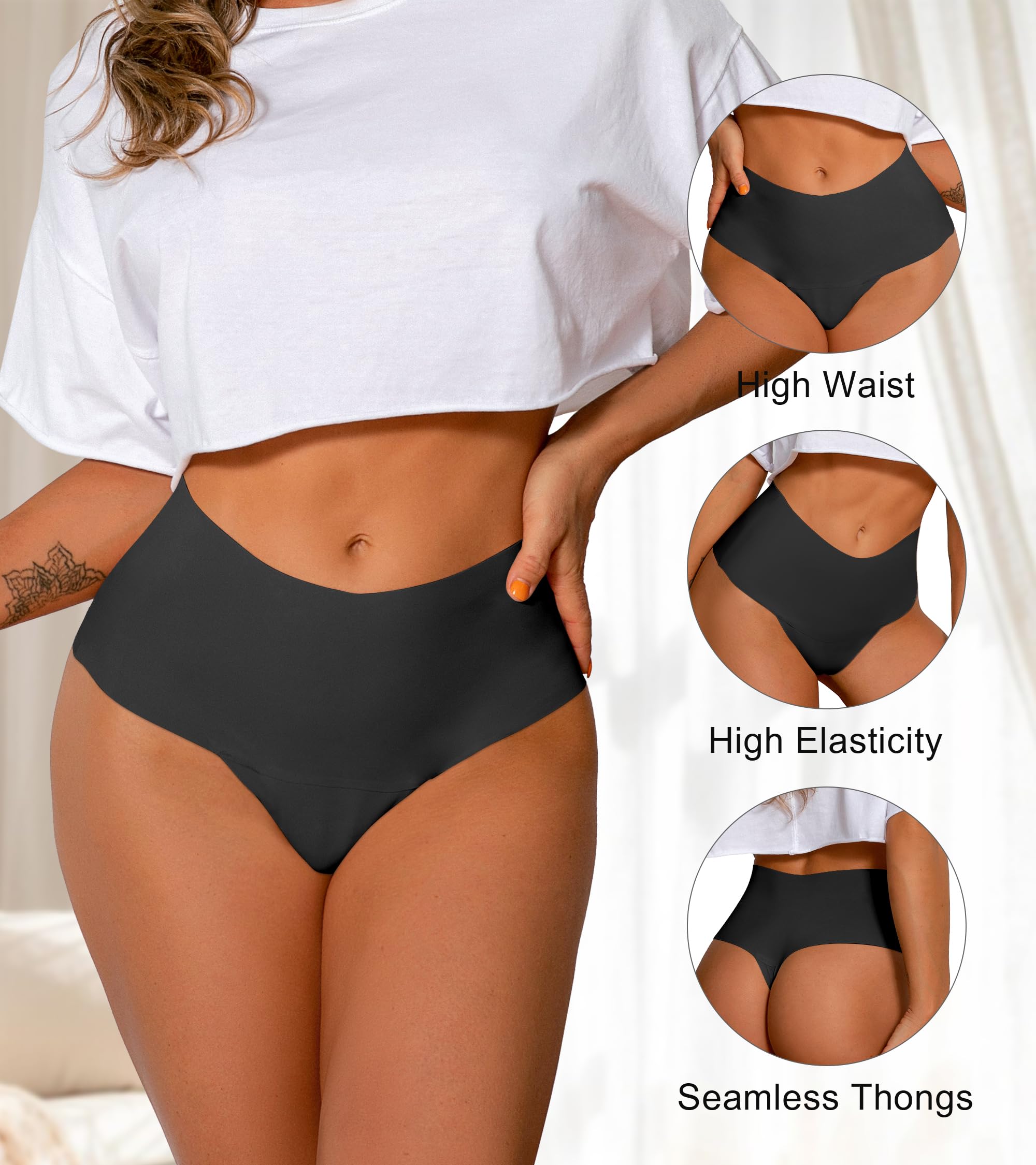 DEANGELMON Womens Thongs High Waisted Seamless Underwear for Women Breathable No Show Panties 4 Pack X-Large(4P4)