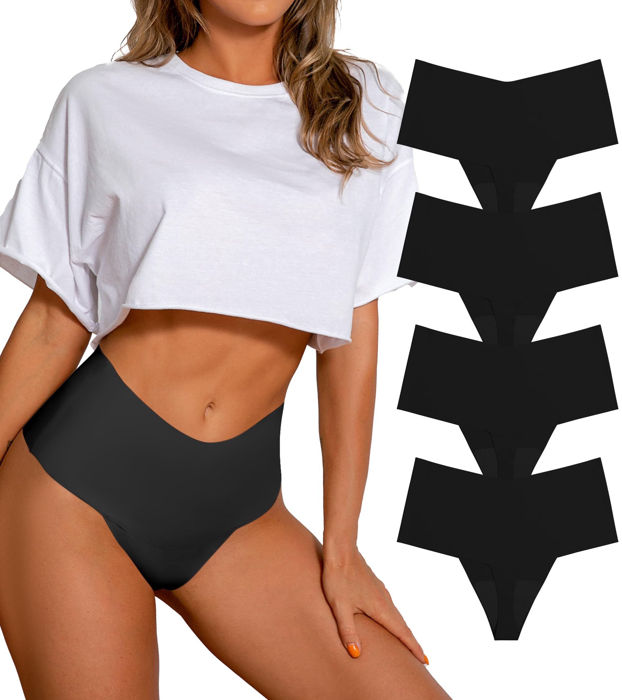 DEANGELMON Womens Thongs High Waisted Seamless Underwear for Women Breathable No Show Panties 4 Pack X-Large(4P4)