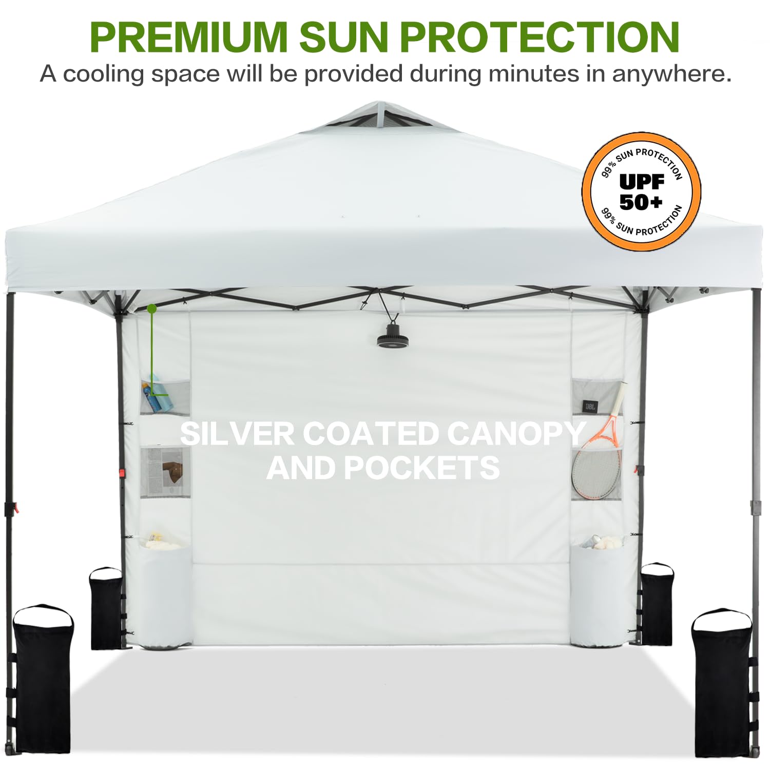 Tunbne 10'x10' Pop Up Canopy Tent with 1 Sidewall and 6 Pockets, One Push Setup, Instant Shade Tent with Vented Roof for Beach Patio Outdoor, Case, 8 Stakes, 4 Ropes, 4 Sandbags (White)
