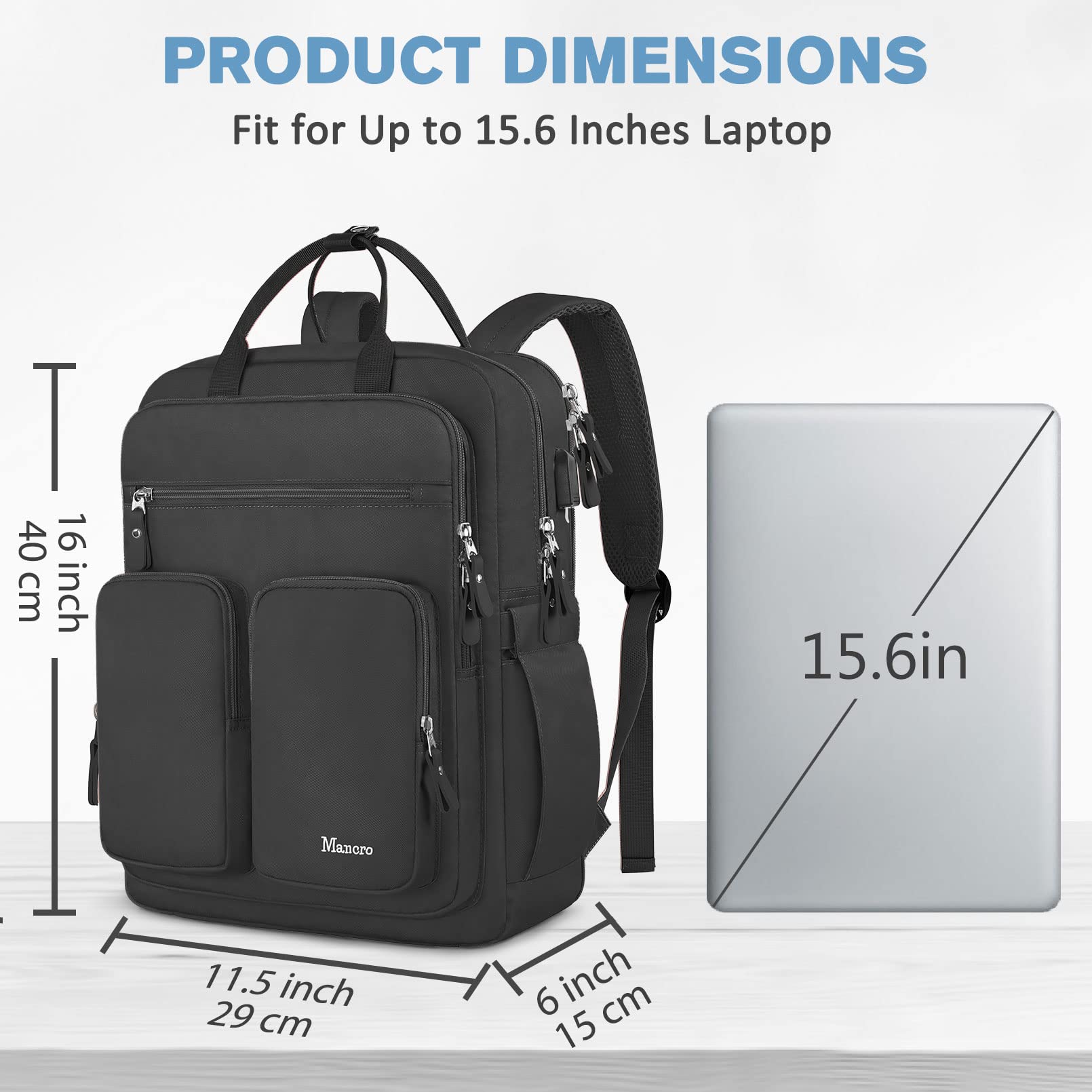 Mancro Travel Backpack for Women with TSA Laptop Compartment, 15.6 Inch Laptop Backpack with USB Charging Port and Dry-Wet Pocket, Fashion Computer Backpack for Women, Black