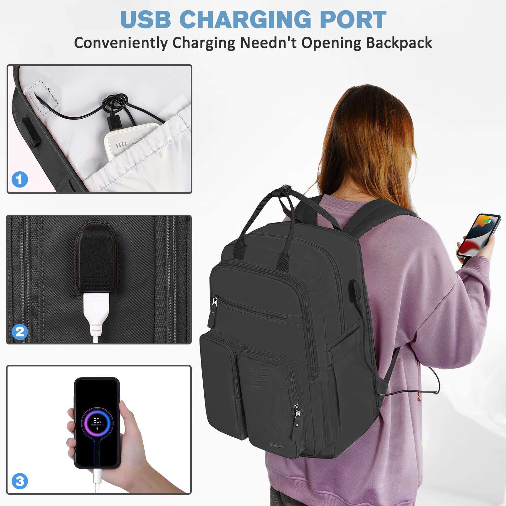 Mancro Travel Backpack for Women with TSA Laptop Compartment, 15.6 Inch Laptop Backpack with USB Charging Port and Dry-Wet Pocket, Fashion Computer Backpack for Women, Black