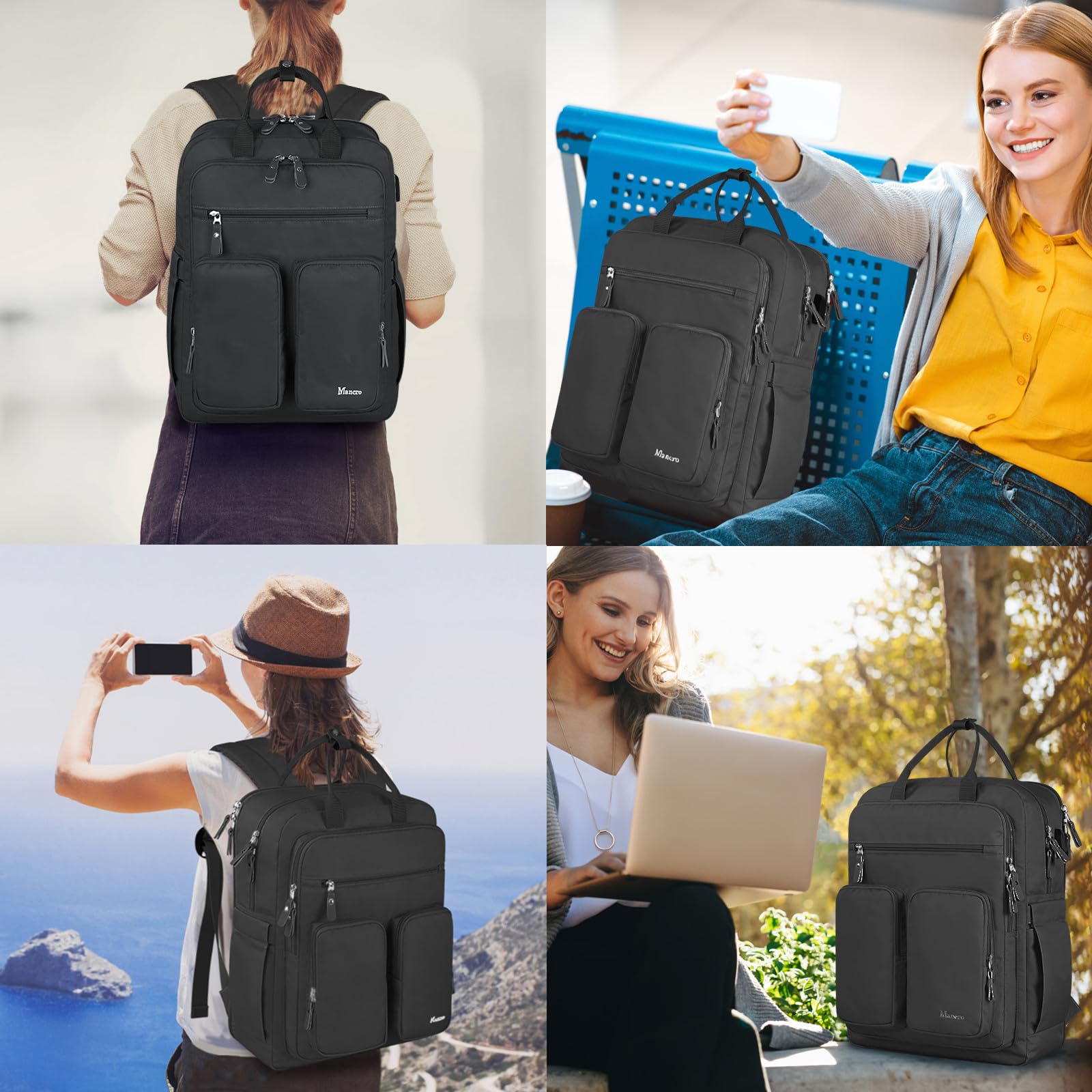 Mancro Travel Backpack for Women with TSA Laptop Compartment, 15.6 Inch Laptop Backpack with USB Charging Port and Dry-Wet Pocket, Fashion Computer Backpack for Women, Black