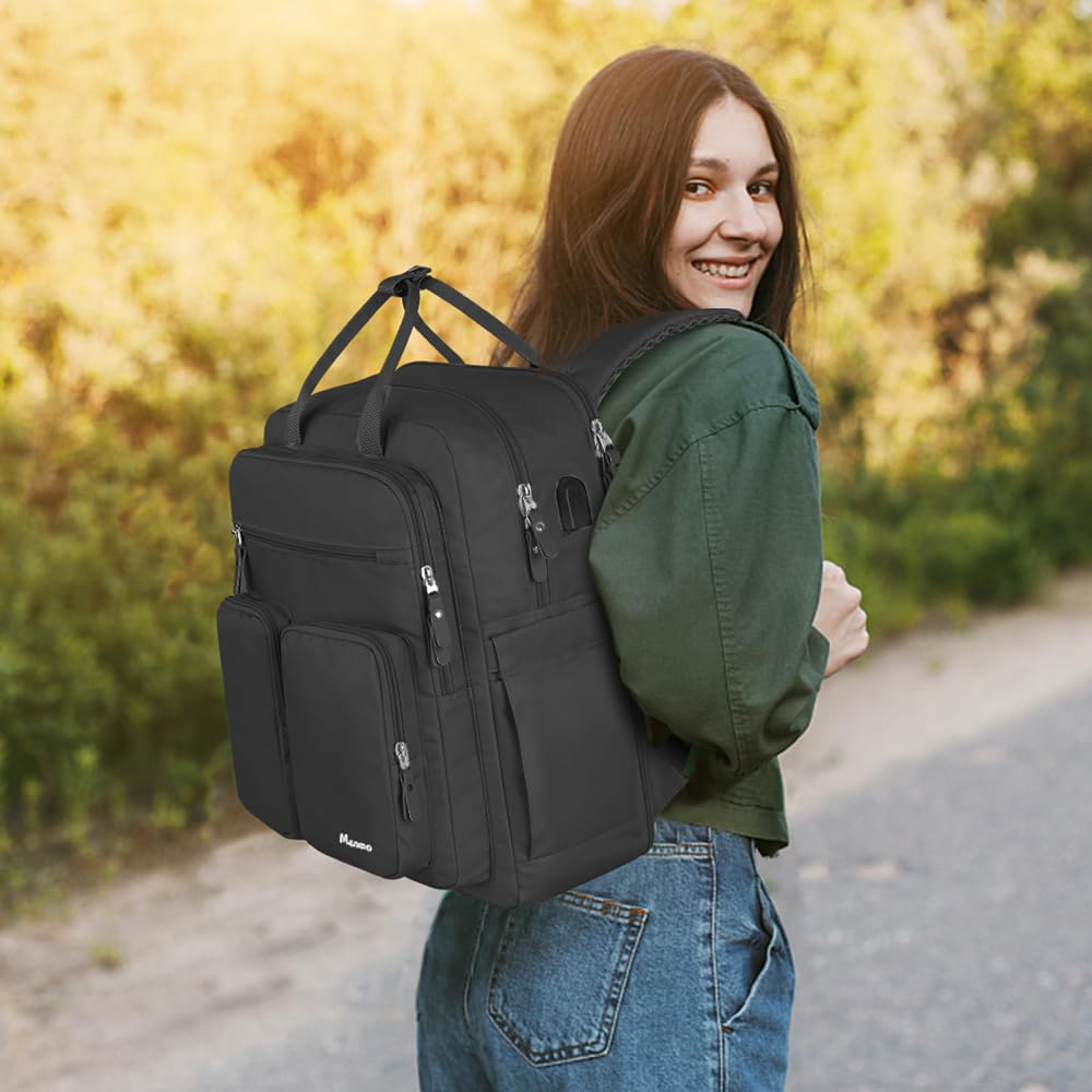 Mancro Travel Backpack for Women with TSA Laptop Compartment, 15.6 Inch Laptop Backpack with USB Charging Port and Dry-Wet Pocket, Fashion Computer Backpack for Women, Black
