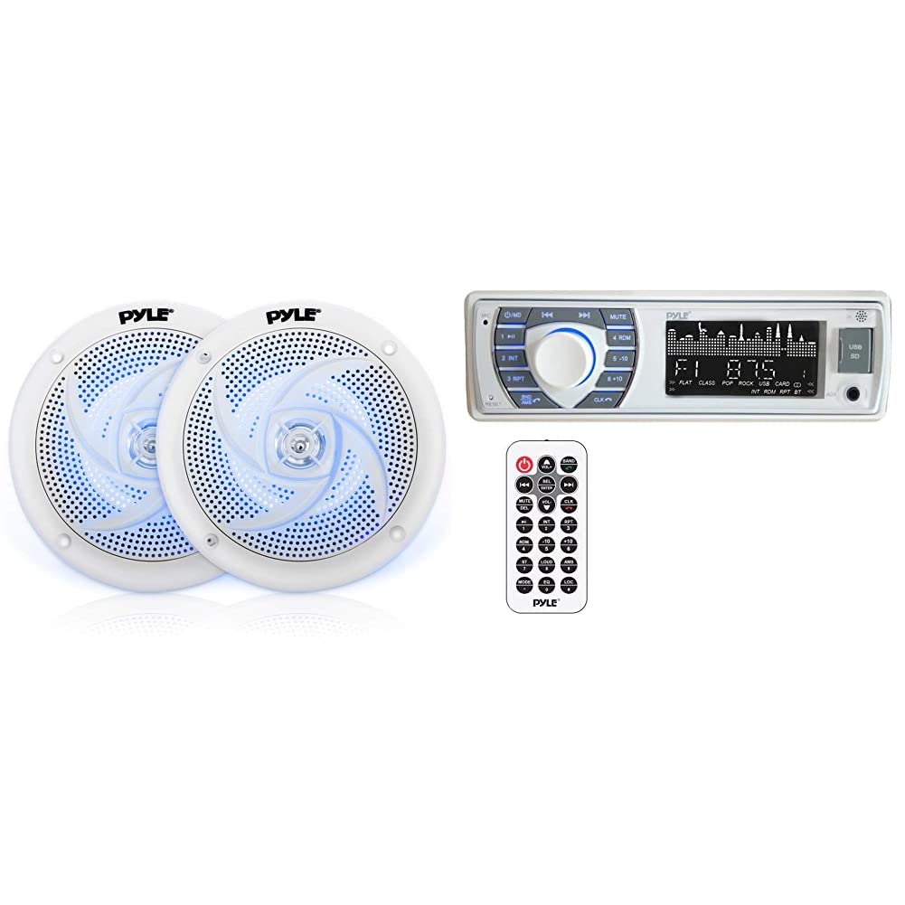 Low-Profile Waterproof Marine Speakers - 240W 6.5 Inch 2 Way Pyle (White) & Bluetooth Marine Receiver Stereo 12v Single DIN Style Boat In dash Radio Receiver System with Digital LCD,PLRMR23BTW (White)
