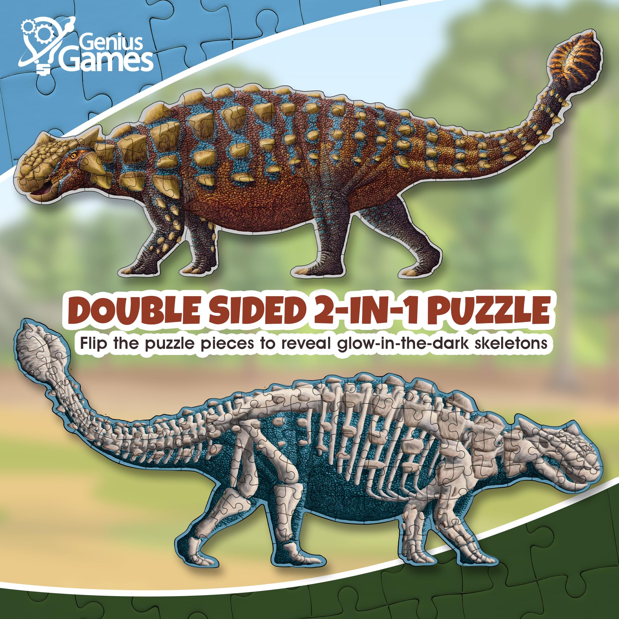 Ankylosaurus Dinosaur Jigsaw Puzzle | 100-Piece Double Sided Floor Puzzle with Glow-in-The-Dark Skeleton On Other Side | 4 FT Scientifically Accurate Dino Illustration | Educational Toy for Kids