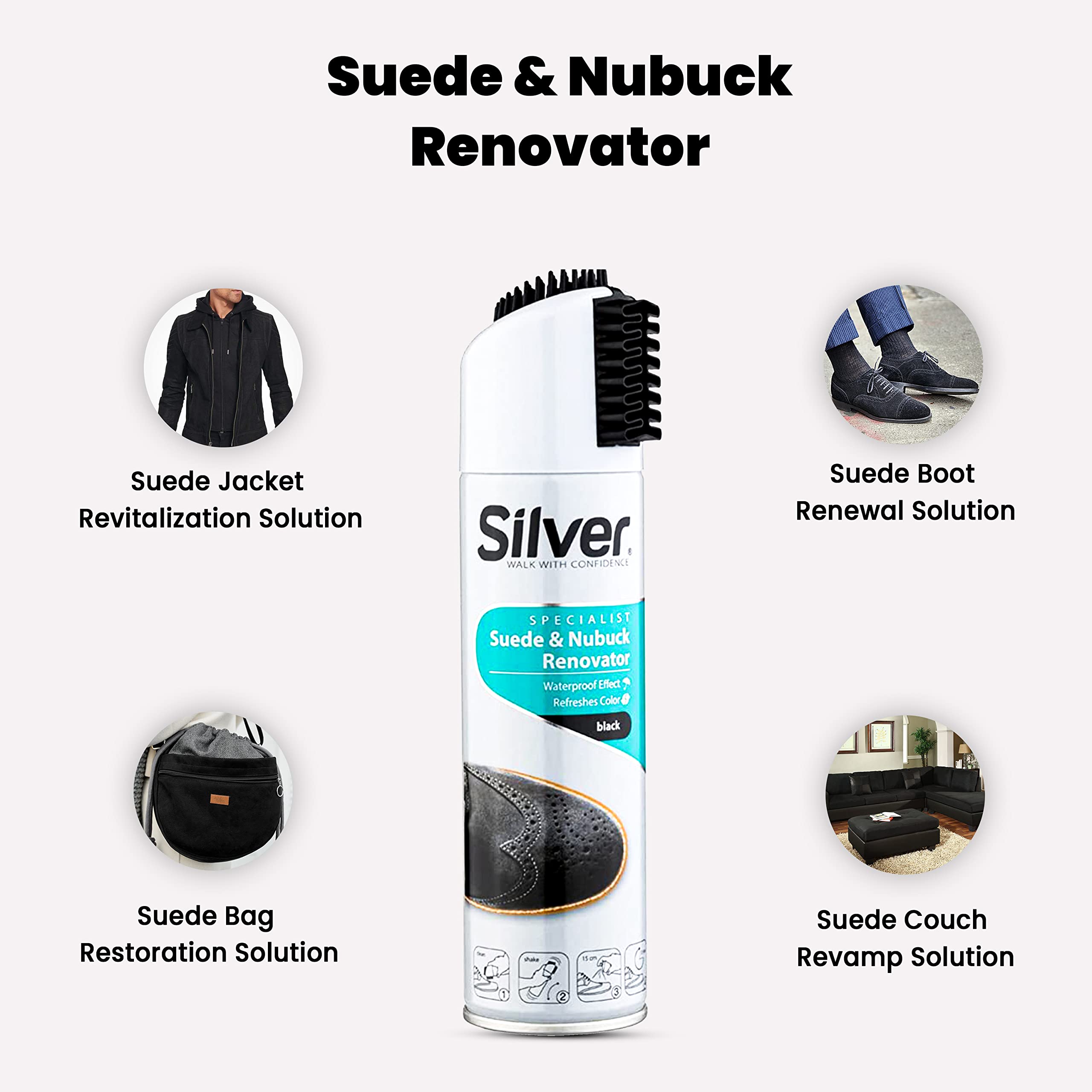 Silver Suede and Nubuck Color Dye Spray - Waterproof, Restores Faded Colors, Easy to Use 8.5oz (Black)