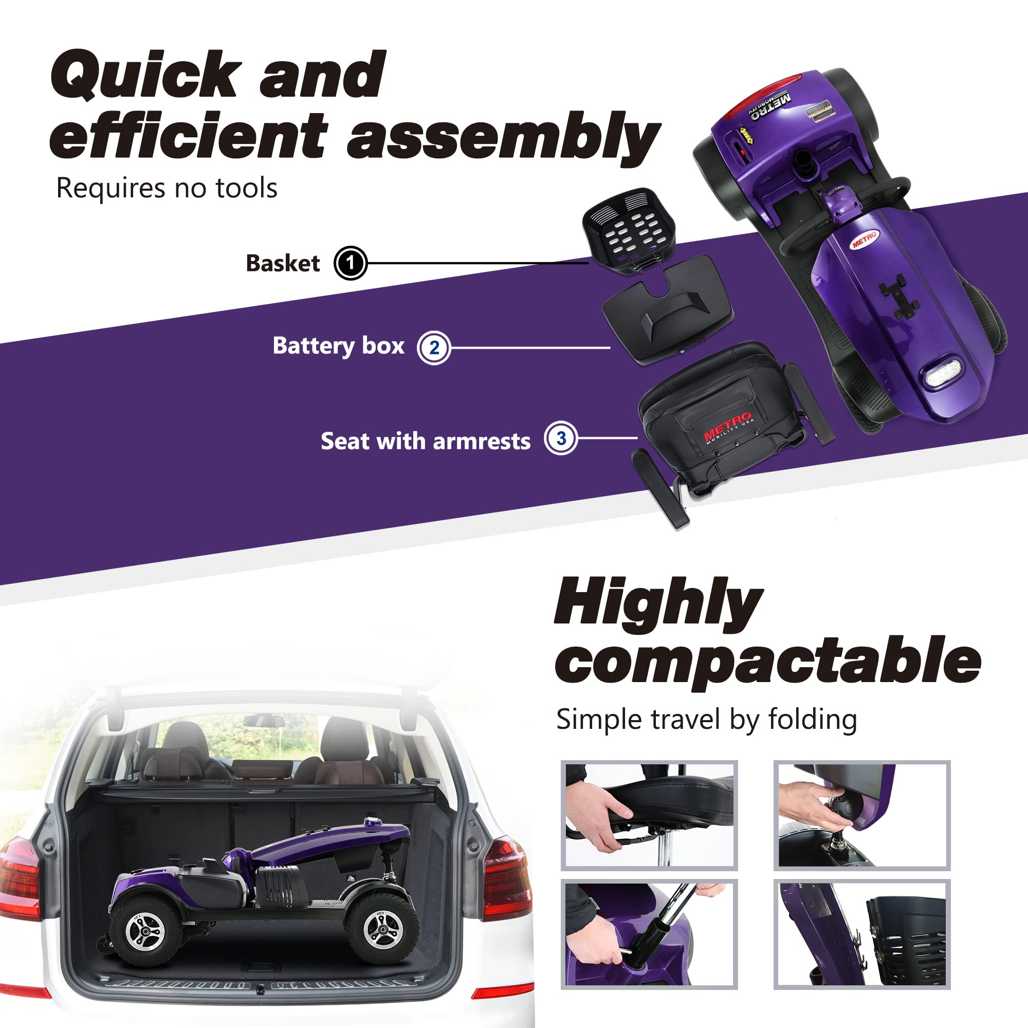 Metro Mobility - 2025 New 4 Wheel Outdoor Mobility Scooter - Adult Mobility Scooter 300 lbs Foldable - Battery - 12V20AH*2pcs, Max Range 16 Miles (Purple)