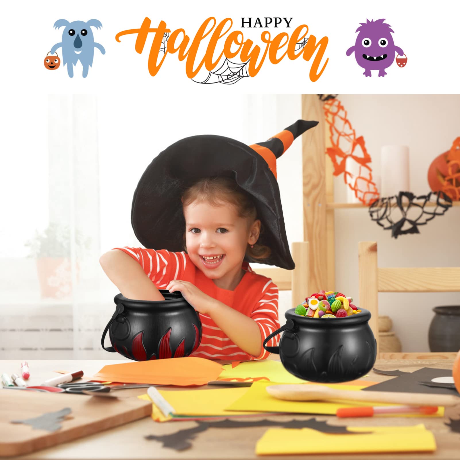 BESPORTBLE 2pcs Halloween Candy Bowls Party Candy Jars Pot and Bucket Candy Containers Plastic Black Witch Cauldron Candy Holders for Cauldron Halloween Party Favor Decor