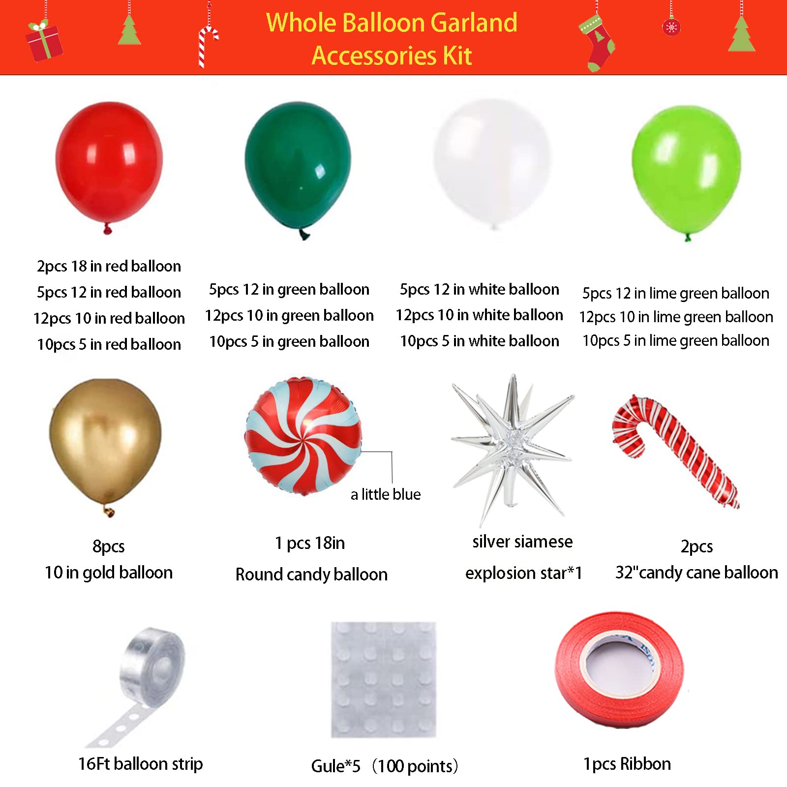 CboDeco Christmas Balloon Garland Arch Kit with 125pcs Balloons (Red, Green, White) for Christmas Party Decorations