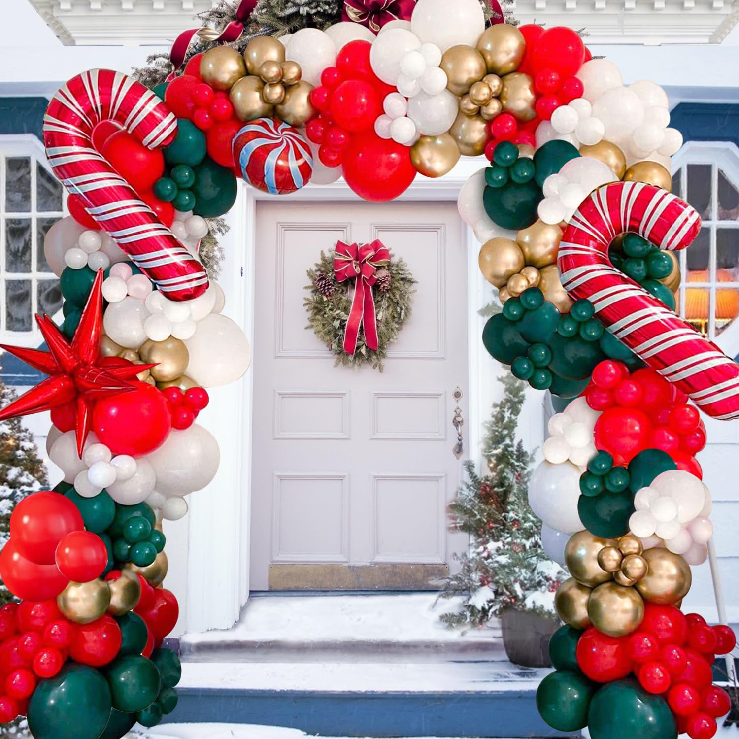 Christmas Balloon Garland Arch Kit with Red, Green, White and Gold Balloons, Candy Cane, Exploding Star for Christmas Party Decorations