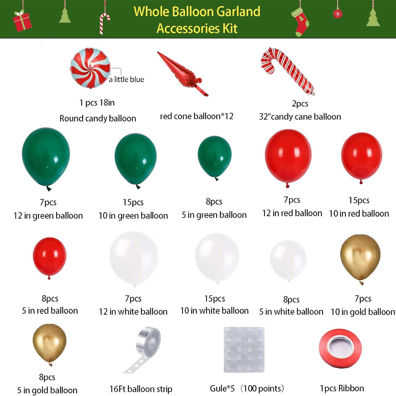 Christmas Balloon Garland Arch Kit with Red, Green, White and Gold Balloons, Candy Cane, Exploding Star for Christmas Party Decorations