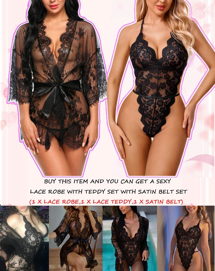 Avidlove lingerie robe Women's Lace Kimono Robe Set Babydoll Teddy Deep V Lace Bodysuit