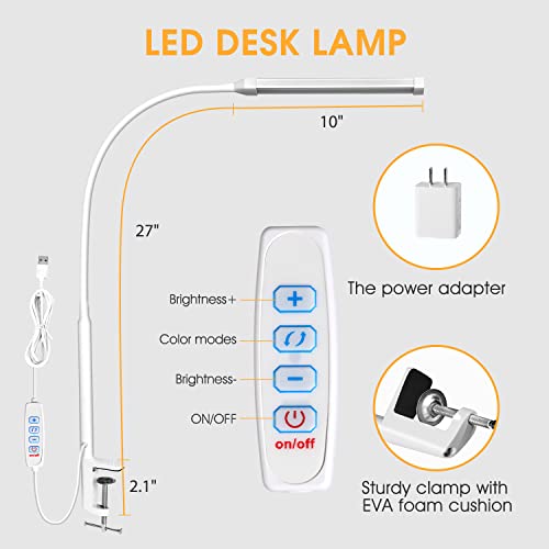 Voncerus LED Desk lamp with Clamp, Eye-Caring Clip on Lights for Home Office, 3 Modes 10 Brightness, Long Flexible Gooseneck, Metal, Swing Arm Architect Task Table Lamps with USB Adapter, White