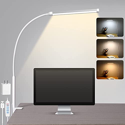 Voncerus LED Desk lamp with Clamp, Eye-Caring Clip on Lights for Home Office, 3 Modes 10 Brightness, Long Flexible Gooseneck, Metal, Swing Arm Architect Task Table Lamps with USB Adapter, White