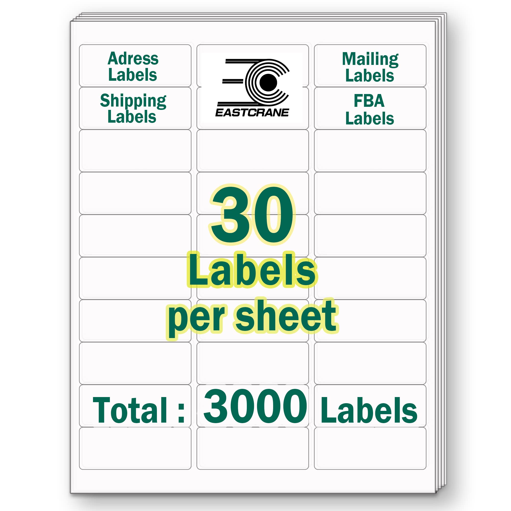 EastCrane 1" x 2-5/8" Printable Mailing Address Labels,3,000 Sticker Labels(100 Sheets),White Blank Labels for Laser/Inkjet Printer,Permanent Adhesive Name Labels,FBA Labels