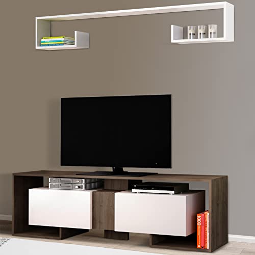 The Urban Port 71-Inch Wooden TV Console Entertainment Media Center, 2-Piece Set, Wall Mounted Floating Shelf, White and Brown