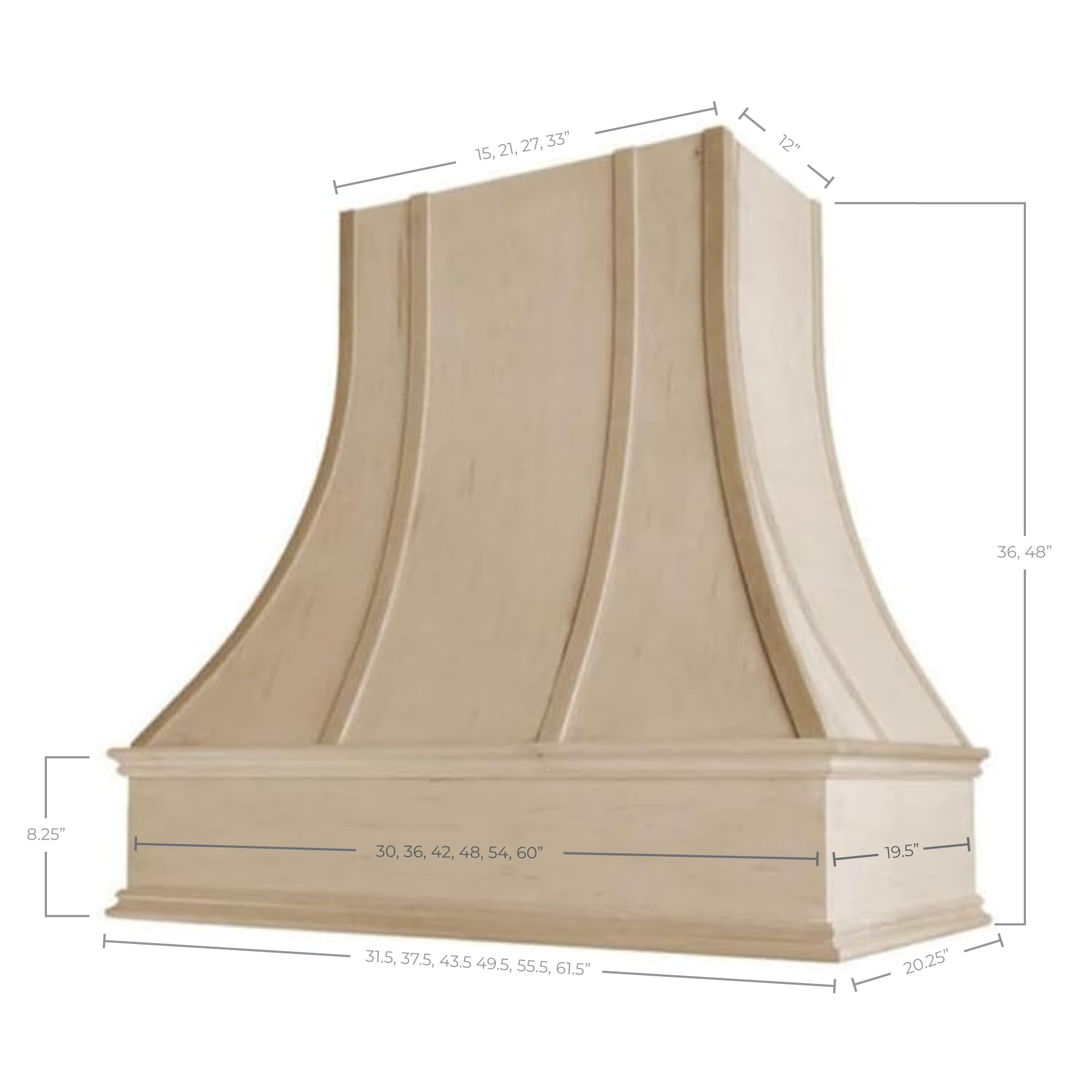 Riley & Higgs Curved Front Unfinished Range Hood Cover With Decorative Molding - Wall Mounted Wood Range Hood Covers, Plywood and Maple (31.5 W x 36 H inches)