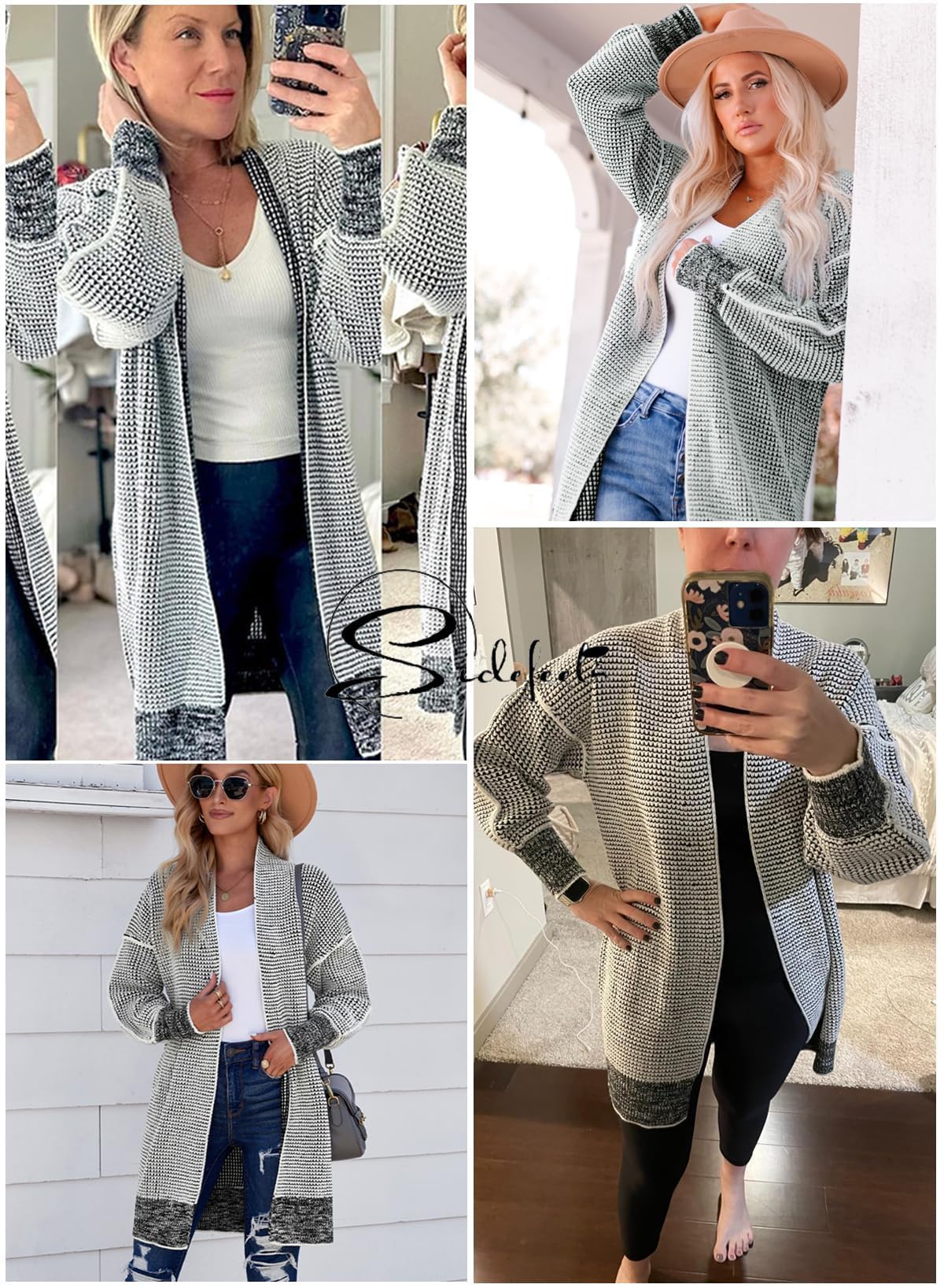 Sidefeel Womens Cardigan Plaid Open Front Chunky Knit Oversized Long Cardigan Sweaters Winter Coats Gray Medium