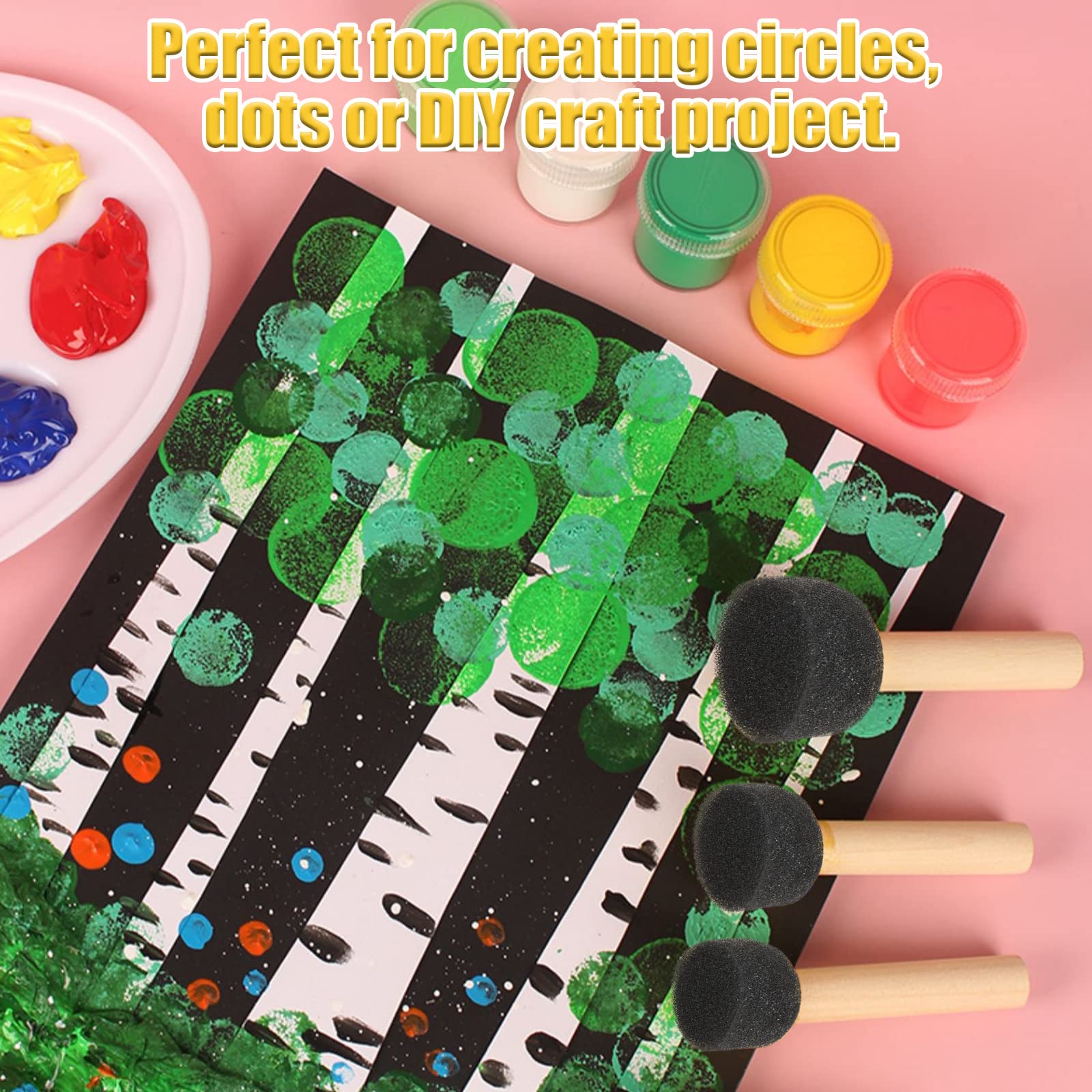 50PCS Round Sponges Brush Set Assorted Size Round Foam Brush with Wooden Handle Sponge Brushes for Painting Foam Paint Brushes Painting Tools for Kids Painting Crafts