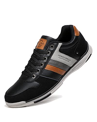 AX BOXING Mens Lace Up PU Leather Sneakers - Breathable and Comfortable Casual Walking Shoes(Black, Size_10)
