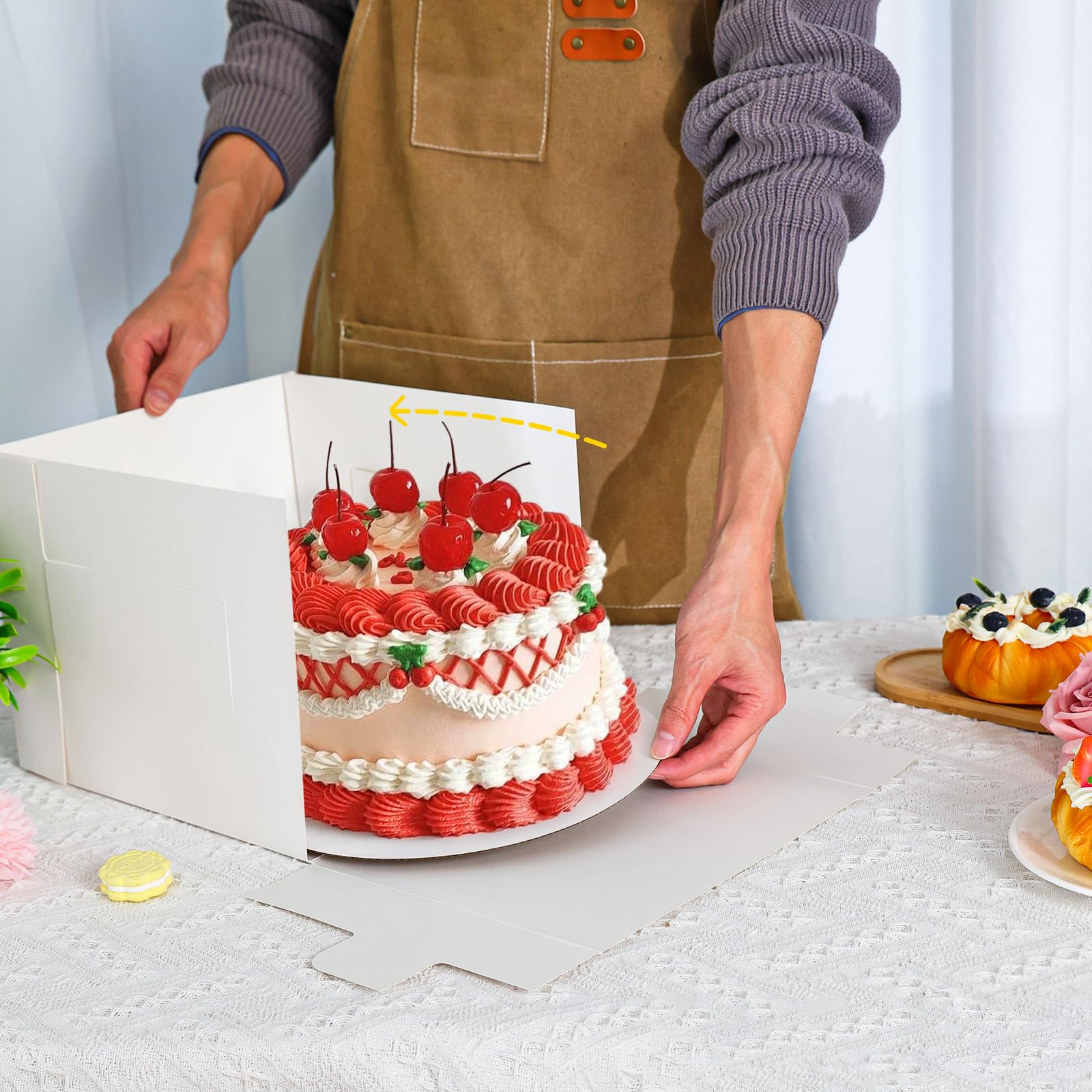 Moretoes 10 Sets Cake Boxes with Boards, 10x10x8 Inches Tall Bakery Boxes with Cake Boards with Window, Cajas Pasteles for Cake, Valentine's Day, Mother's Day, Pastries, Chocolates, Cookies, Pie