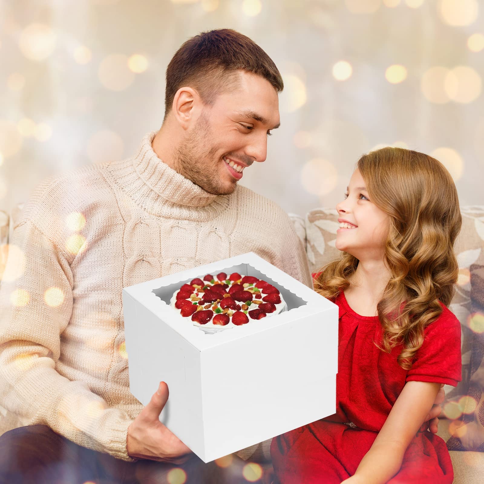 Moretoes 10 Sets Cake Boxes with Boards, 10x10x8 Inches Tall Bakery Boxes with Cake Boards with Window, Cajas Pasteles for Cake, Valentine's Day, Mother's Day, Pastries, Chocolates, Cookies, Pie