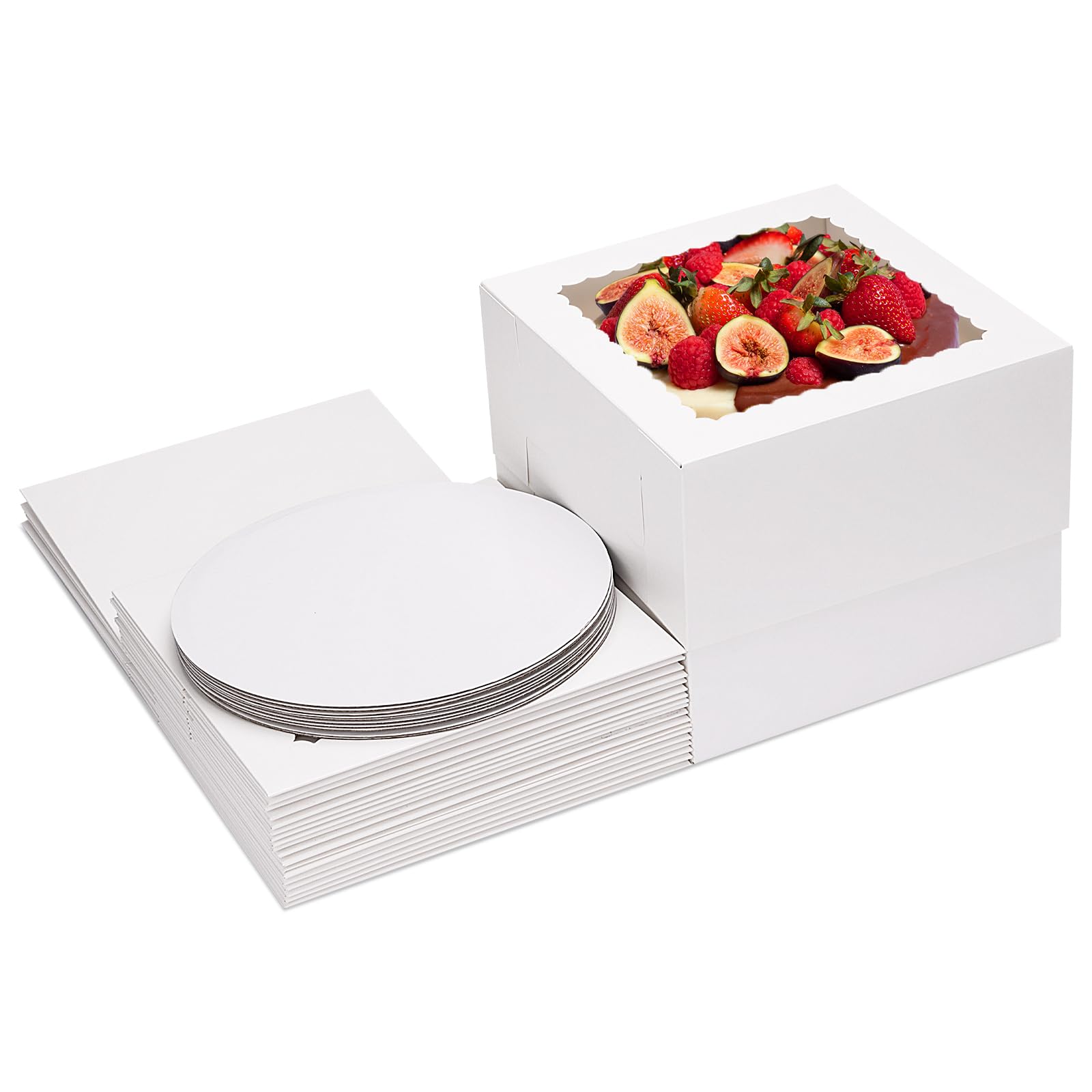 Moretoes 10 Sets Cake Boxes with Boards, 10x10x8 Inches Tall Bakery Boxes with Cake Boards with Window, Cajas Pasteles for Cake, Valentine's Day, Mother's Day, Pastries, Chocolates, Cookies, Pie