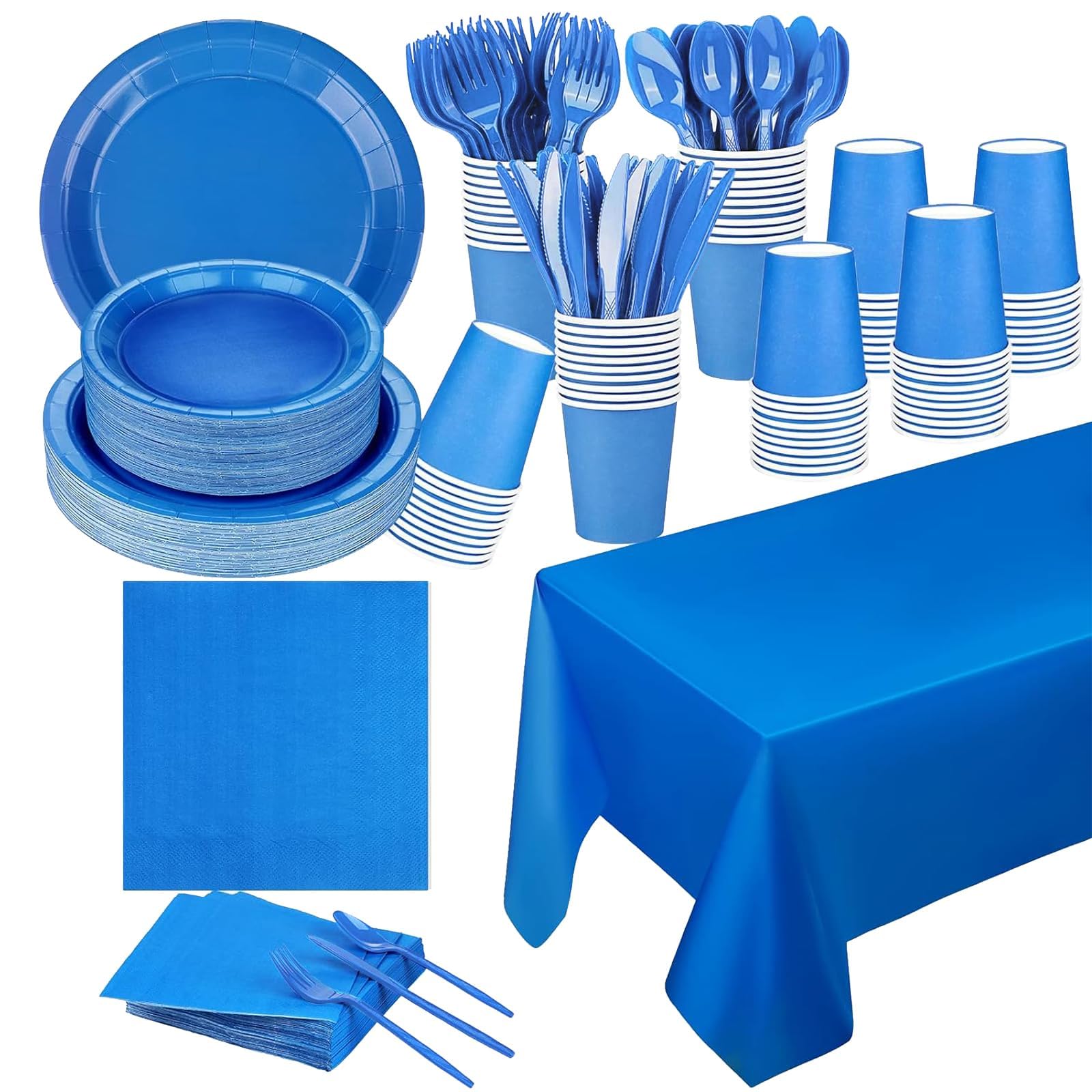 TWOWYHI 229PCS Blue Party Supplies Set Paper Disposable Plates Cups Plastic Spoons Forks Knives Blue Napkins for 30 Guests Disposable Party Dinnerware Set for Wedding Birthday Parties
