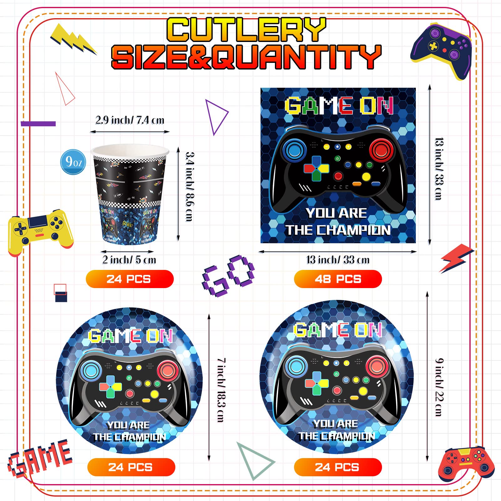 122 Pcs Video Game Party Supplies Tableware Set for 24 Guests Video Game Paper Plates Cups Napkins Plastic Tablecloth Party Tableware Serves for Gaming Birthday Party Decorations