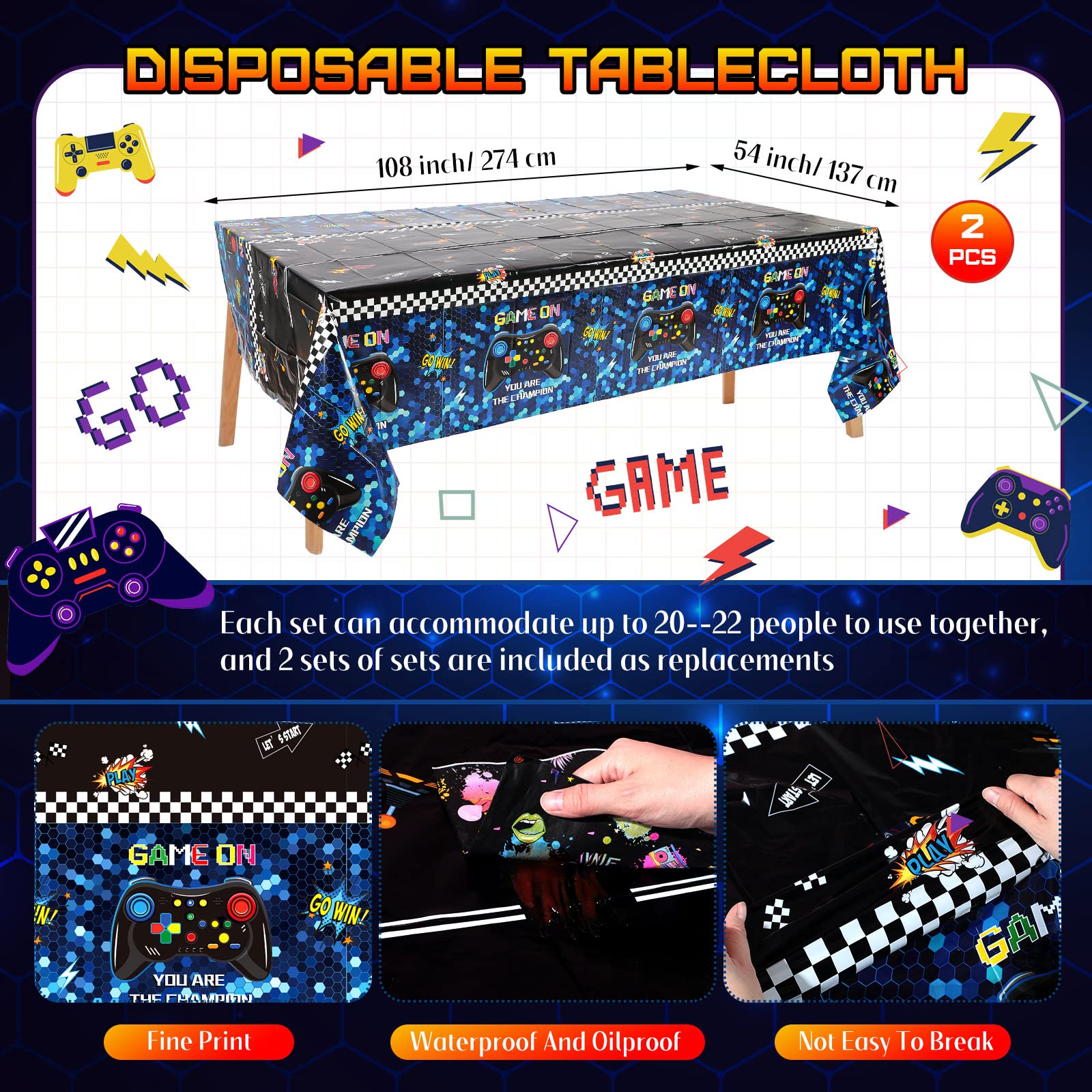 122 Pcs Video Game Party Supplies Tableware Set for 24 Guests Video Game Paper Plates Cups Napkins Plastic Tablecloth Party Tableware Serves for Gaming Birthday Party Decorations
